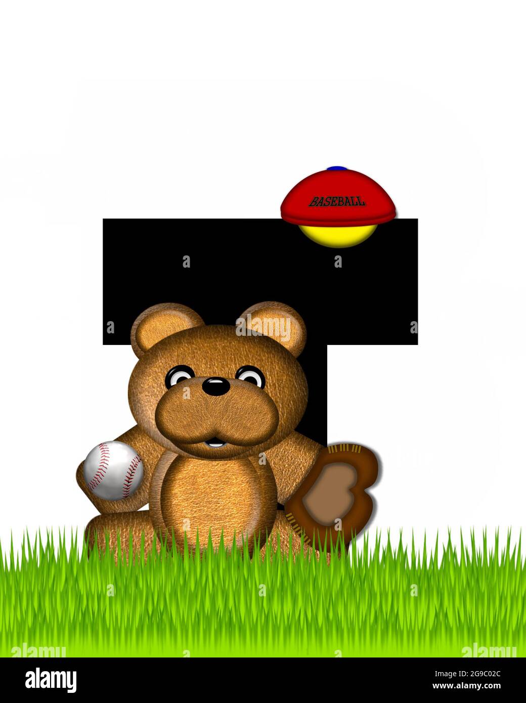 The letter T, in the alphabet set "Teddy Baseball," is black and sits ...