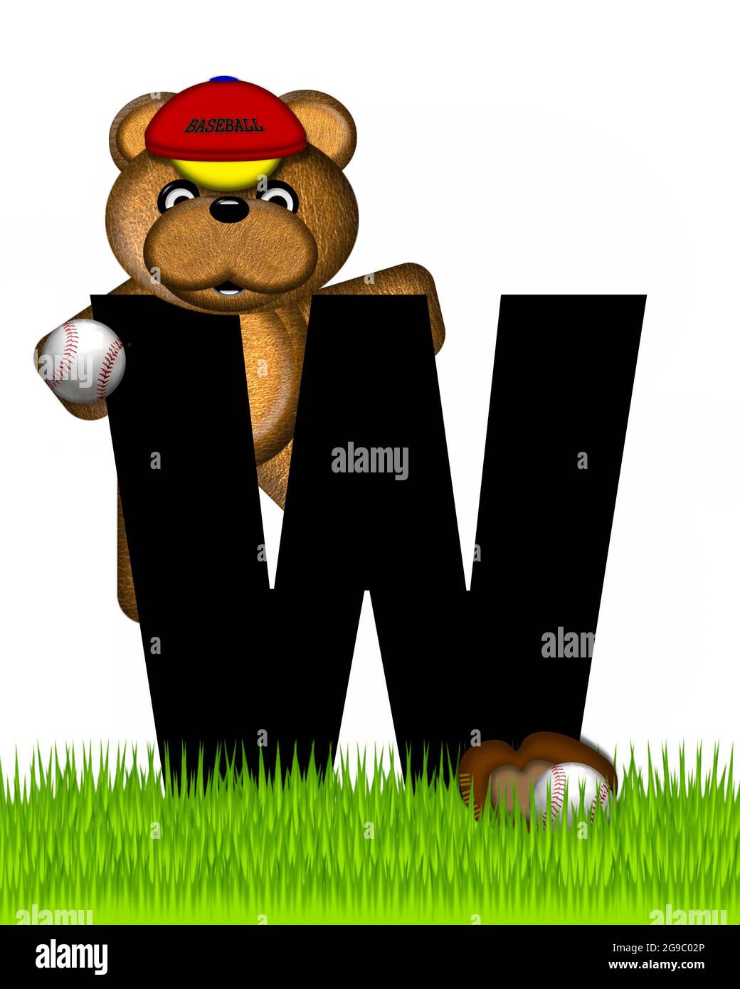 The letter W, in the alphabet set "Teddy Baseball," is black and sits ...
