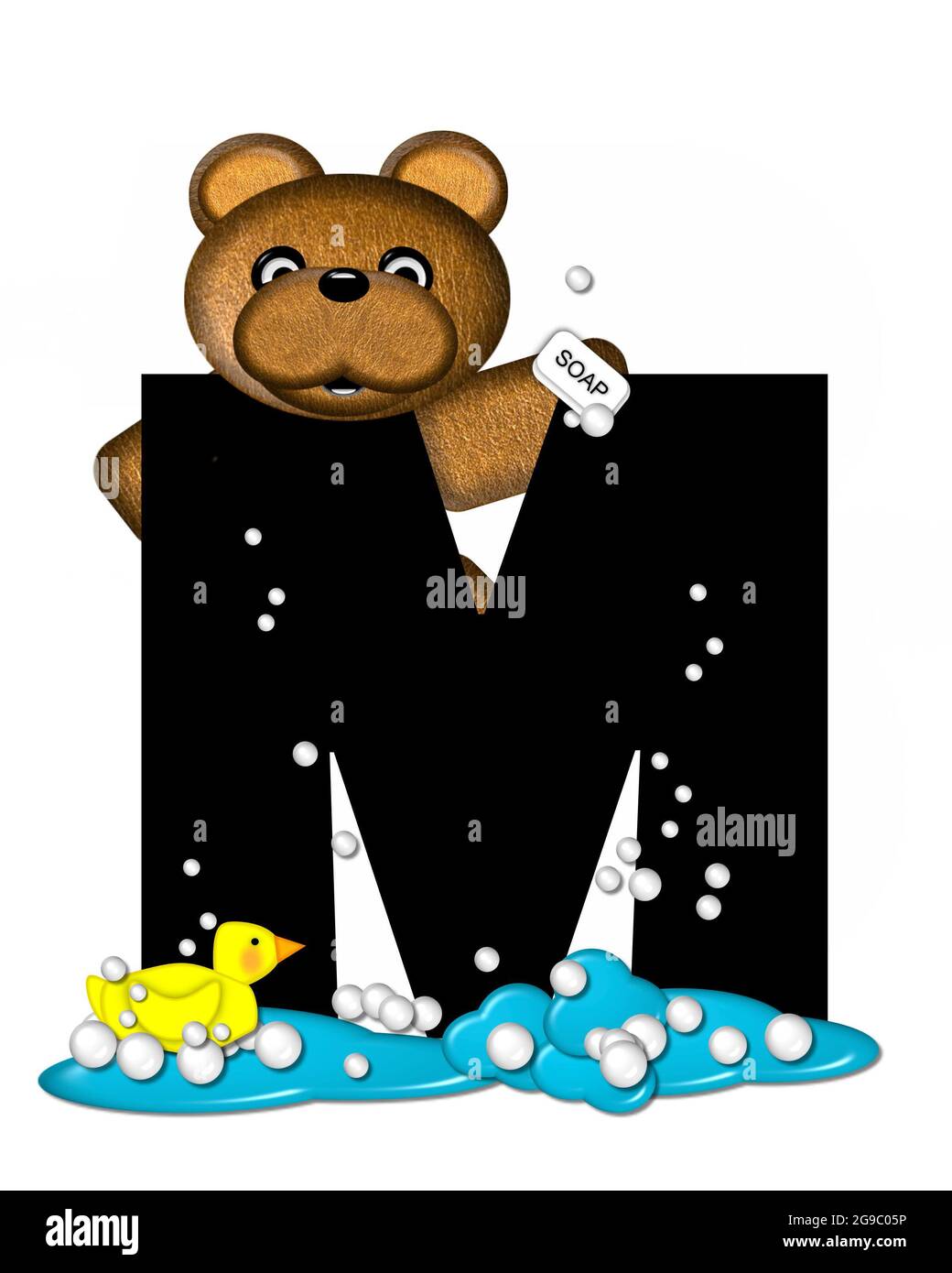 The letter M, in the alphabet set "Teddy Bath Time," is black and sits ...