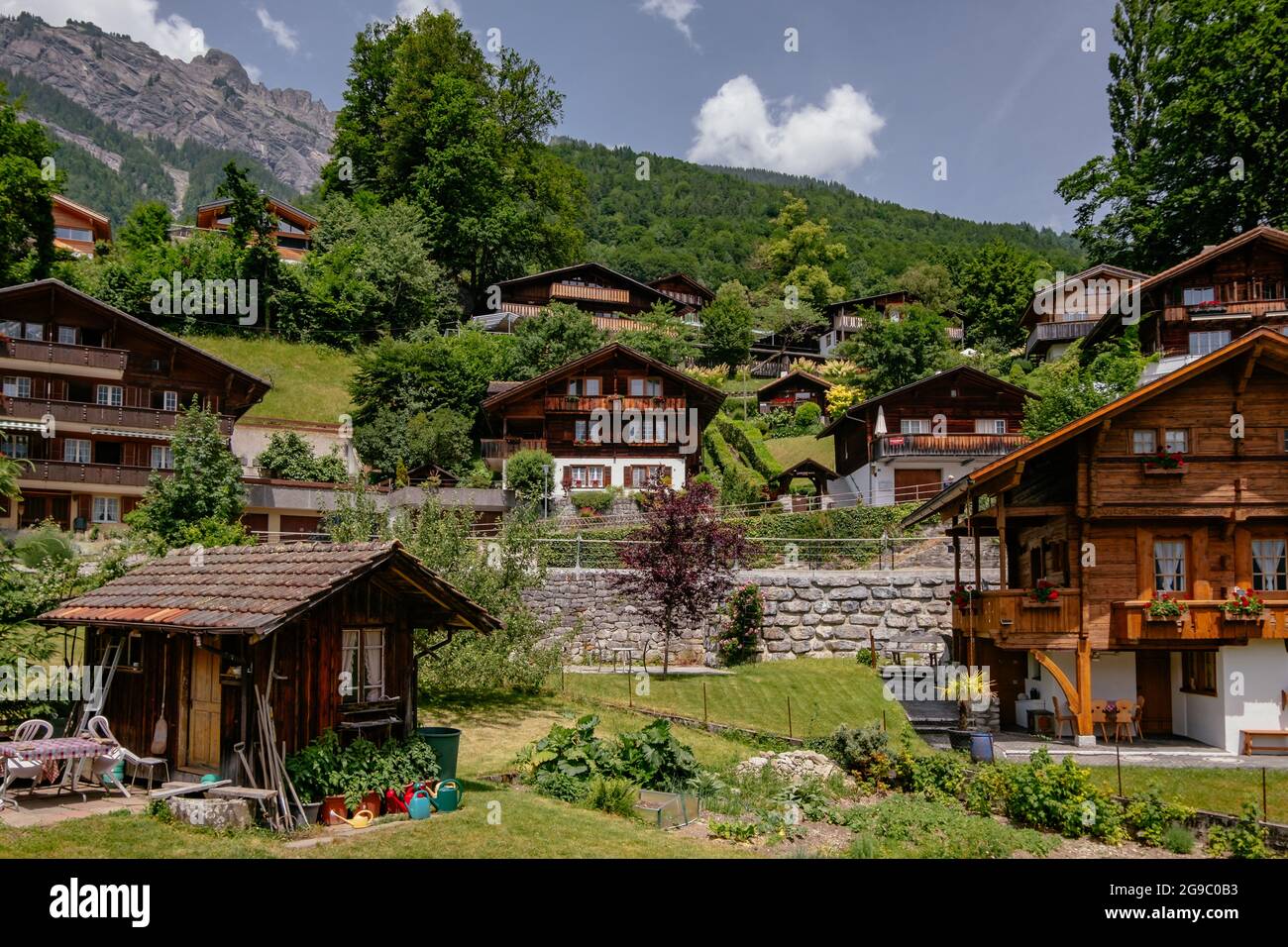 Traditional wooden houses in Brienz town on the alpine Lake Brienz ...
