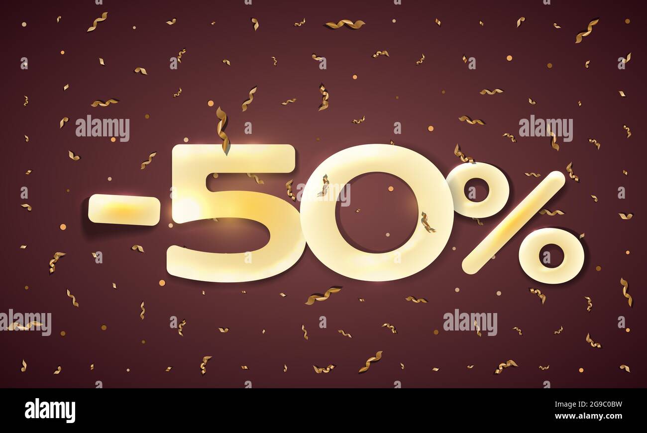 Minus 50 percent sale vector flat banner concept on dark background ...