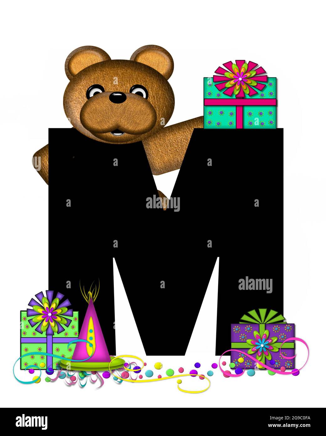 The letter M, in the alphabet set "Teddy Birthday Surprise," is black ...