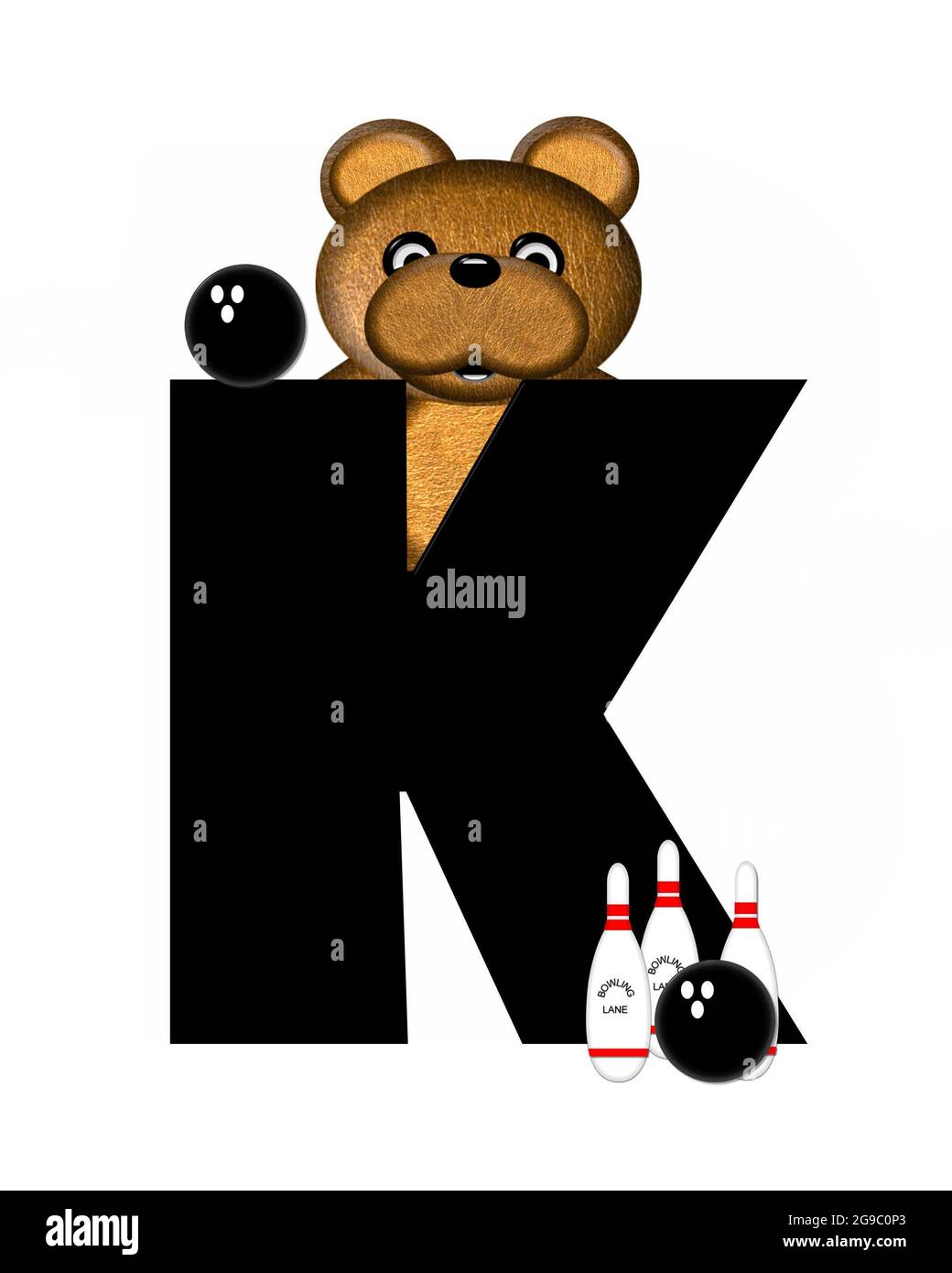 The letter K, in the alphabet set "Teddy Bowling," is black. Teddy bear ...