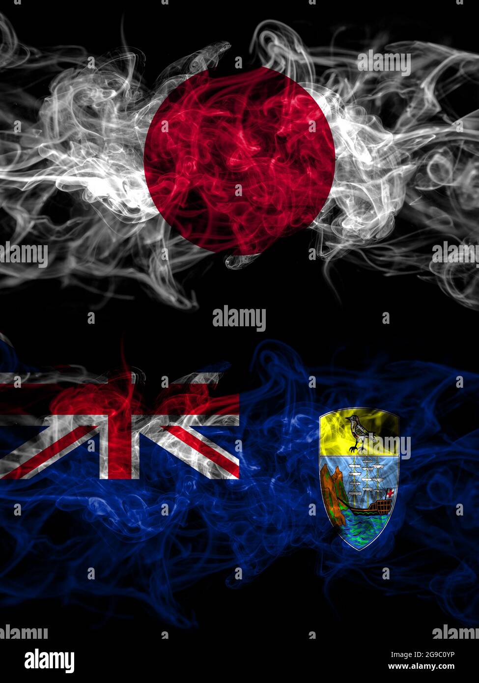 Smoke flags of Japan, Japanese and British, Britain, Saint Helena Stock ...
