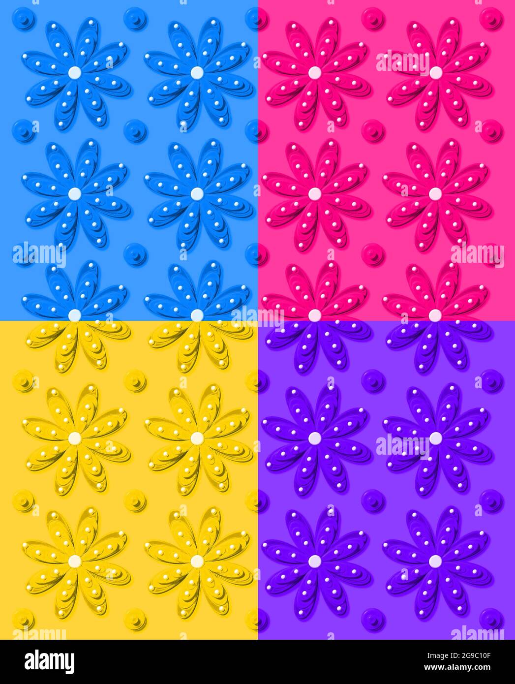 Background image shows daisy pattern in four colors; blue, pink, yellow ...