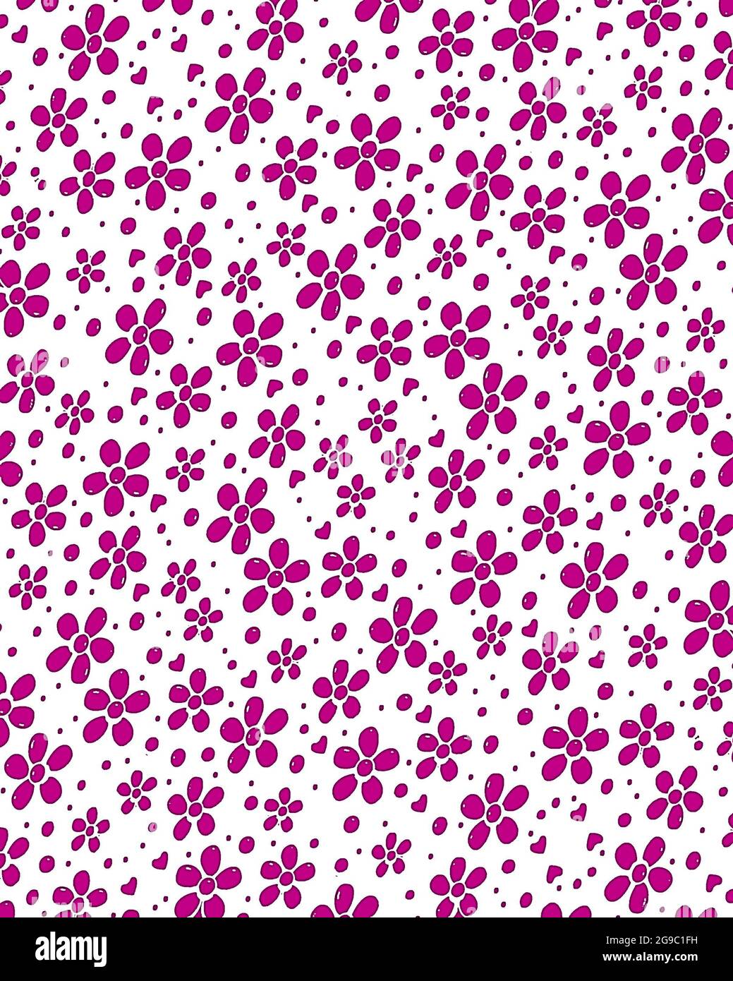 Background image is white and covered in stamped, pink purple colored ...