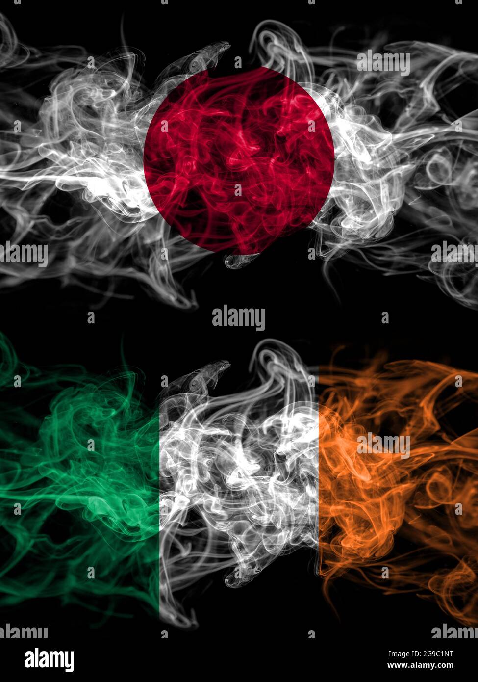 Smoke flags of Japan, Japanese and Ireland, Irish Stock Photo - Alamy