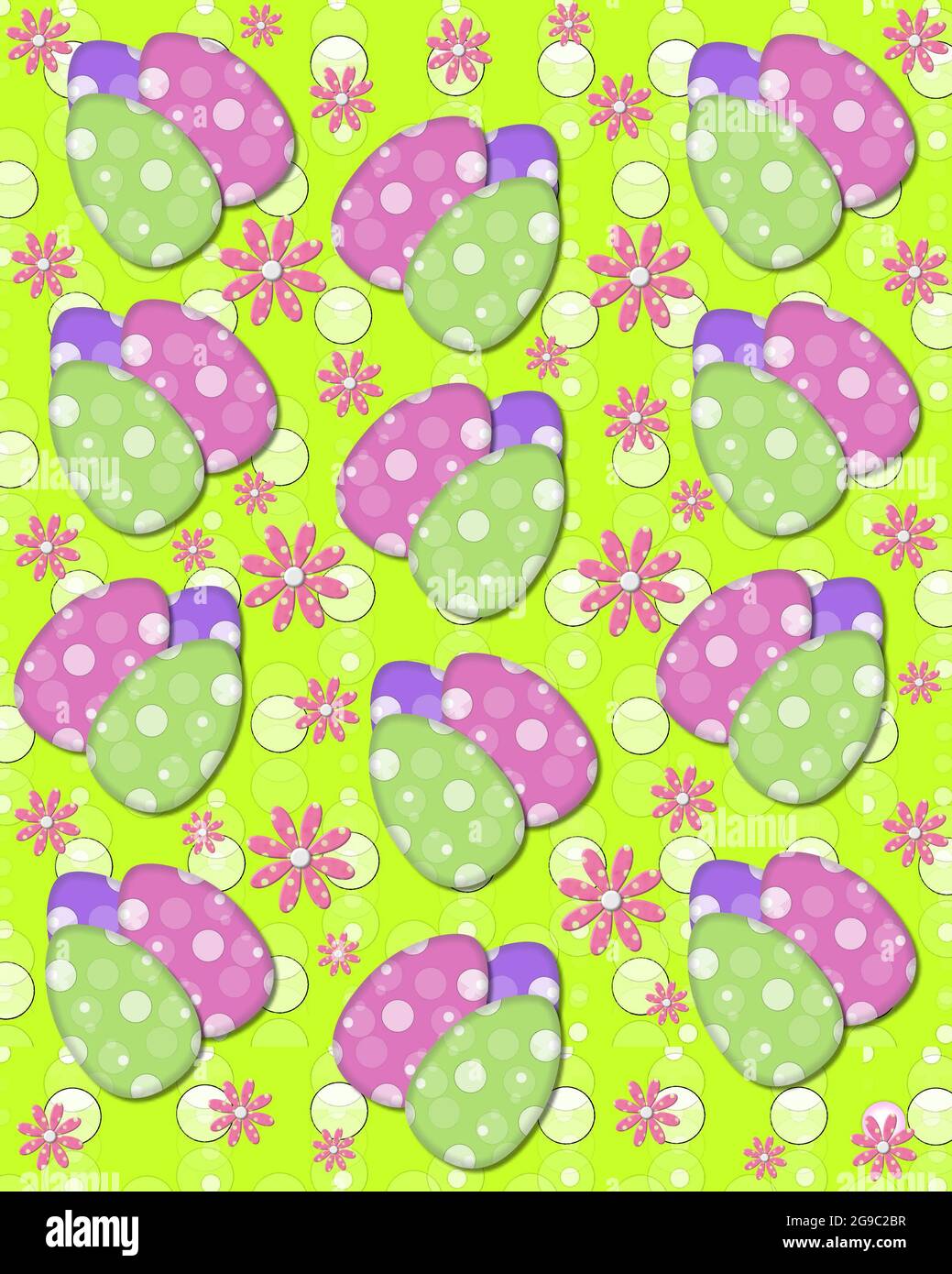 Easter background includes trio of Easter eggs and pink polka dotted ...