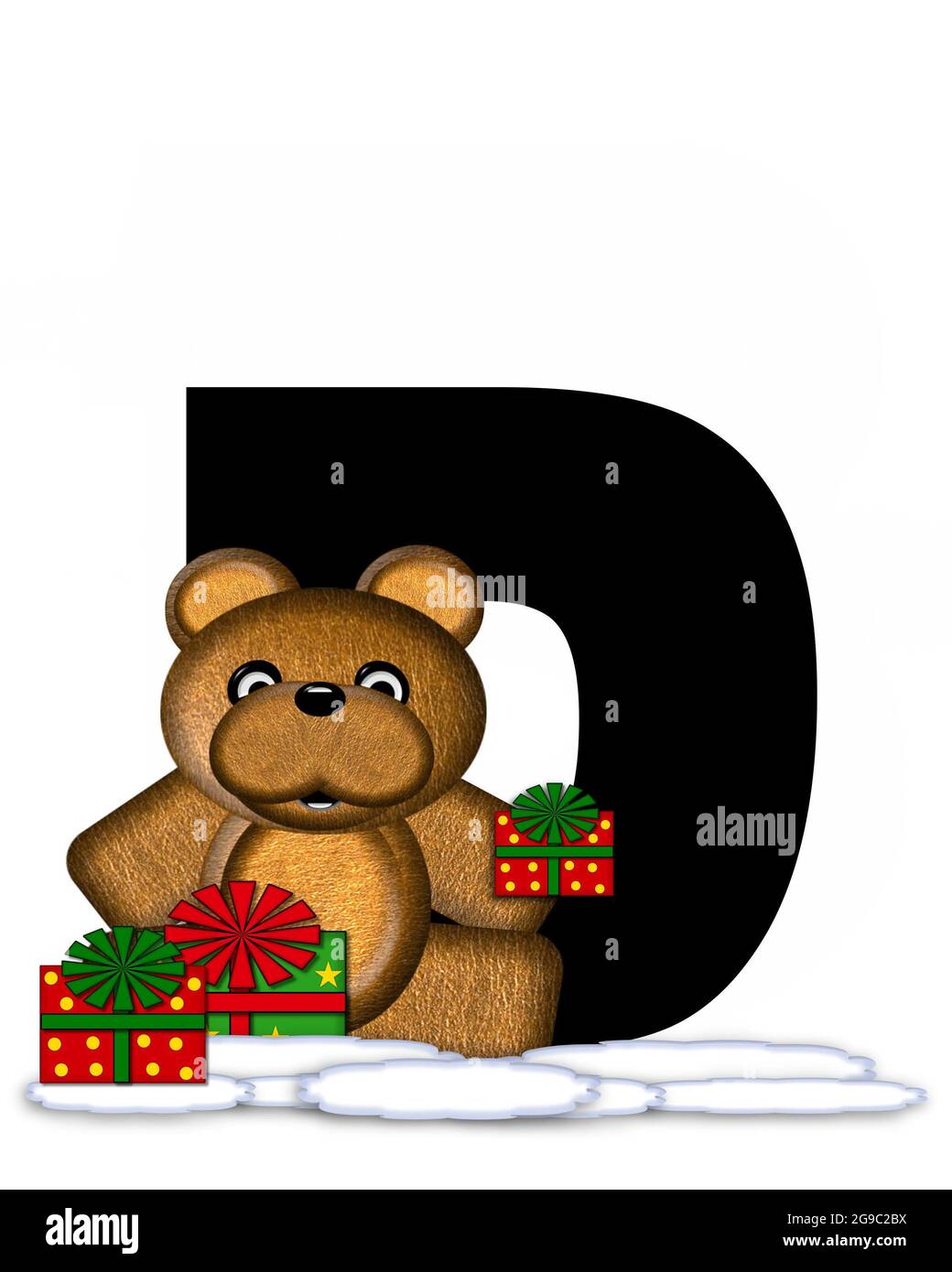 The letter D, in the alphabet set "Teddy Christmas," is black and sits ...