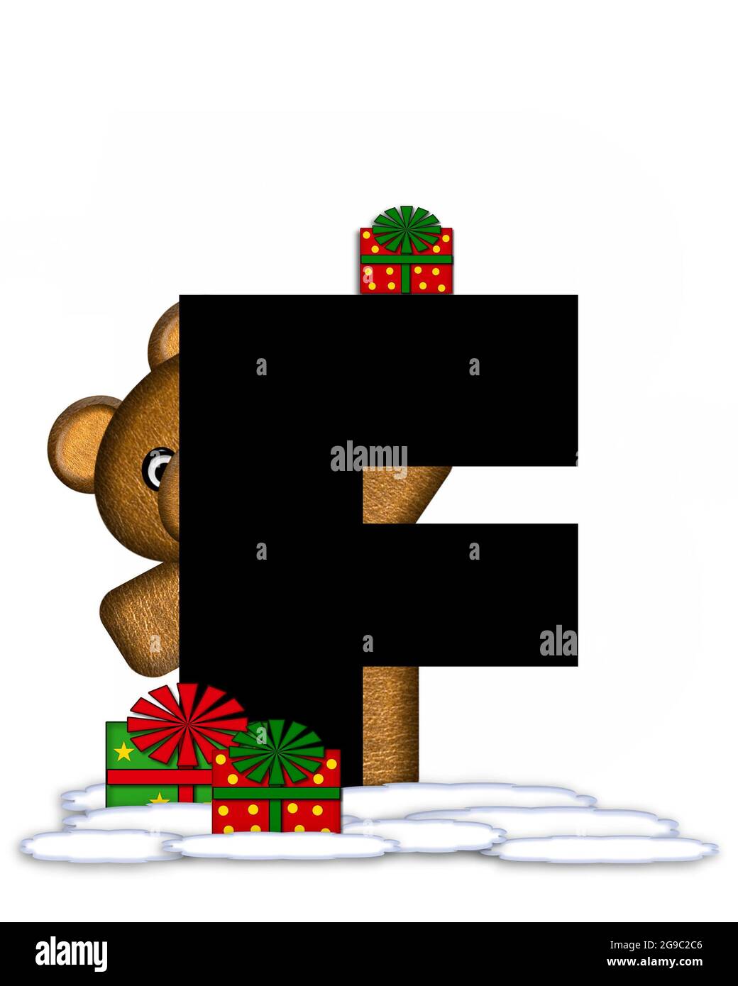 The letter F, in the alphabet set "Teddy Christmas," is black and sits ...