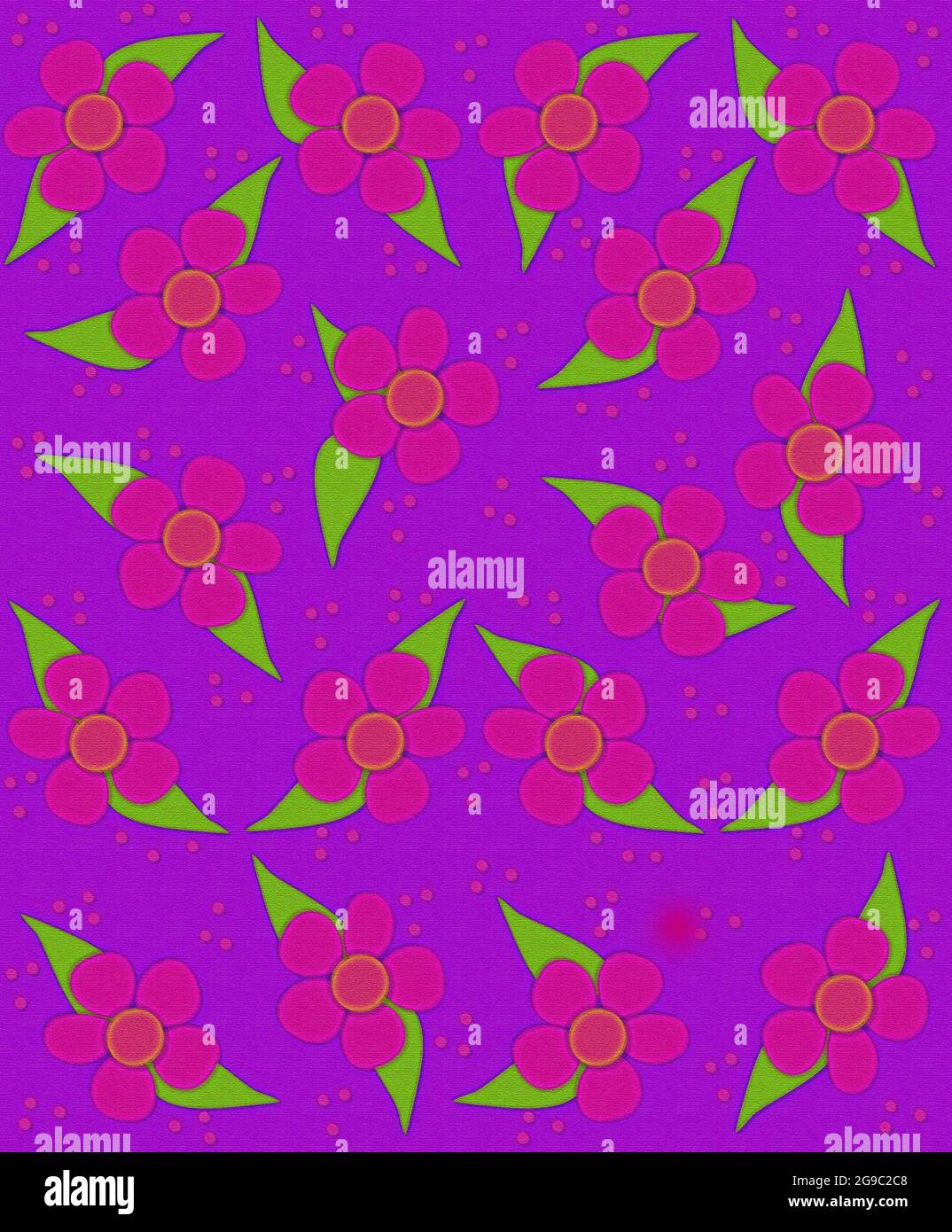 70's style flowers fill purple background. Image has texture and fabric ...