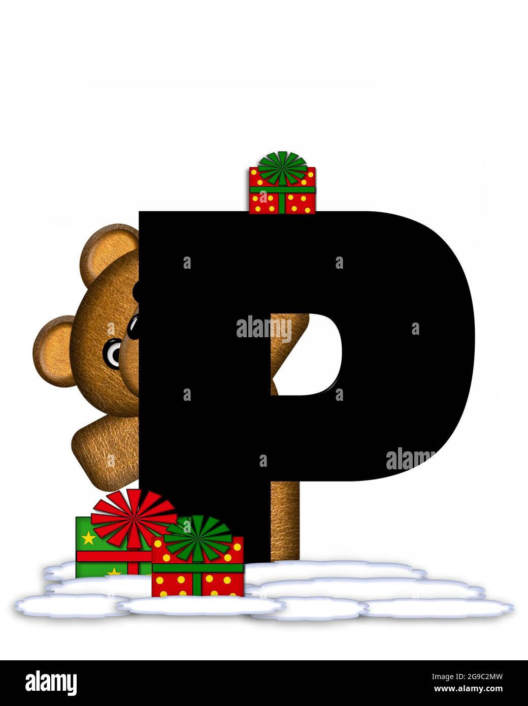 The letter P, in the alphabet set "Teddy Christmas," is black and sits ...