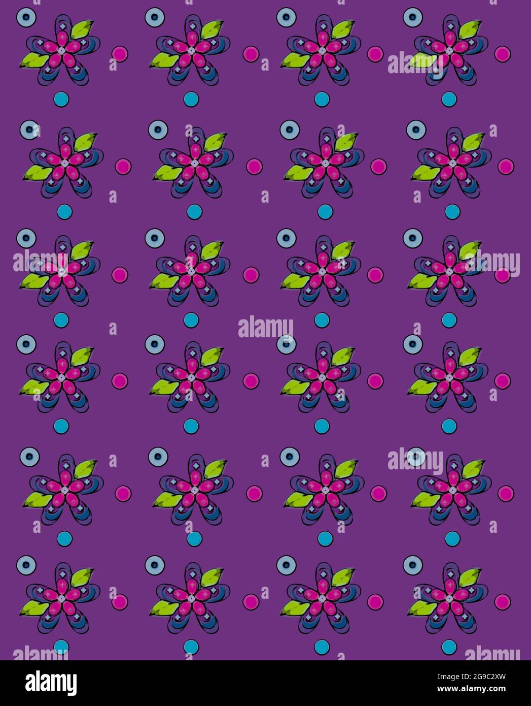 Rows of brightly colored flowers and polka dots sit on a muted purple ...