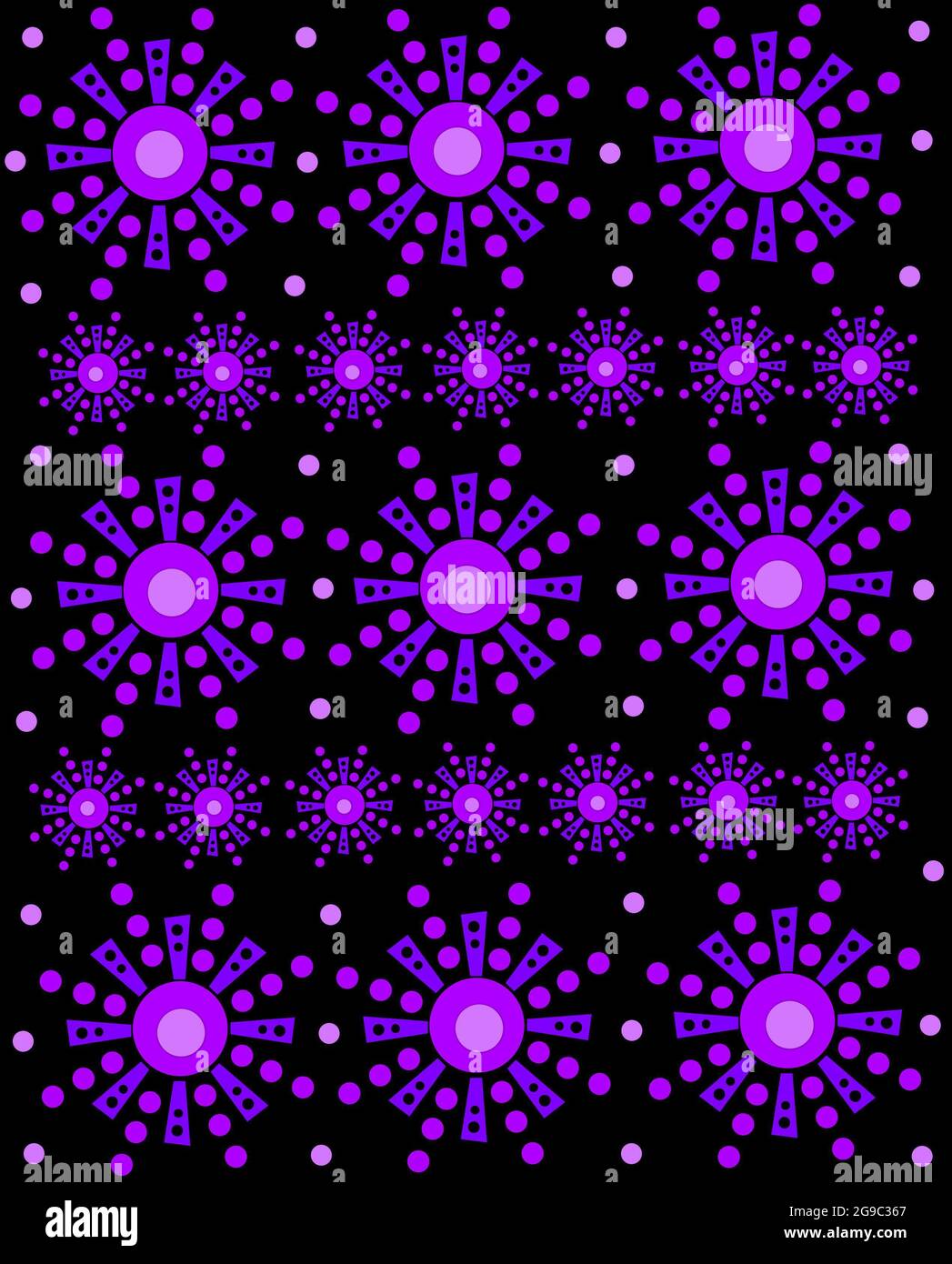 Rows of geometricly shaped snowflakes drift from a black background sky ...