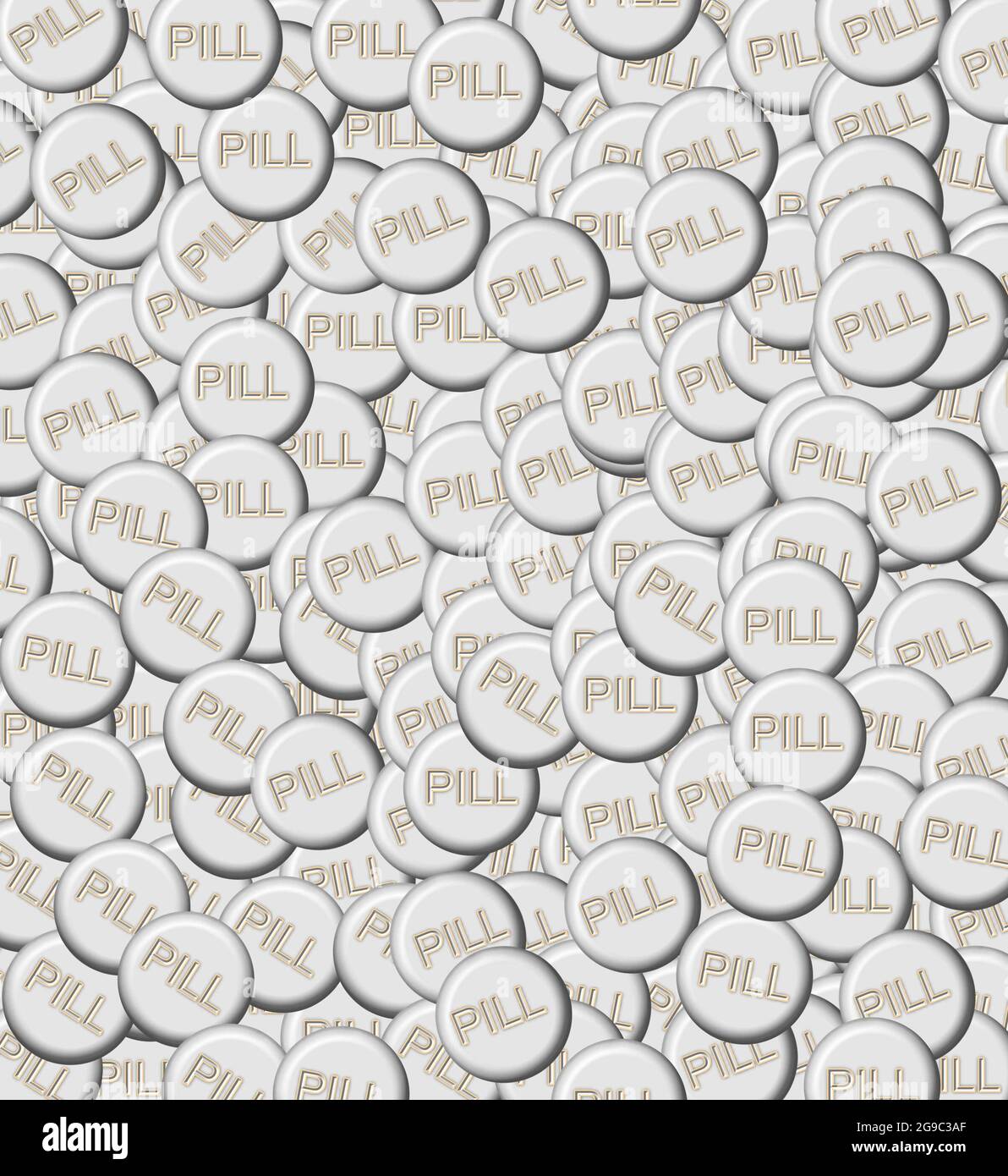 Background image shows large pile of pills. Each tablet is white and ...