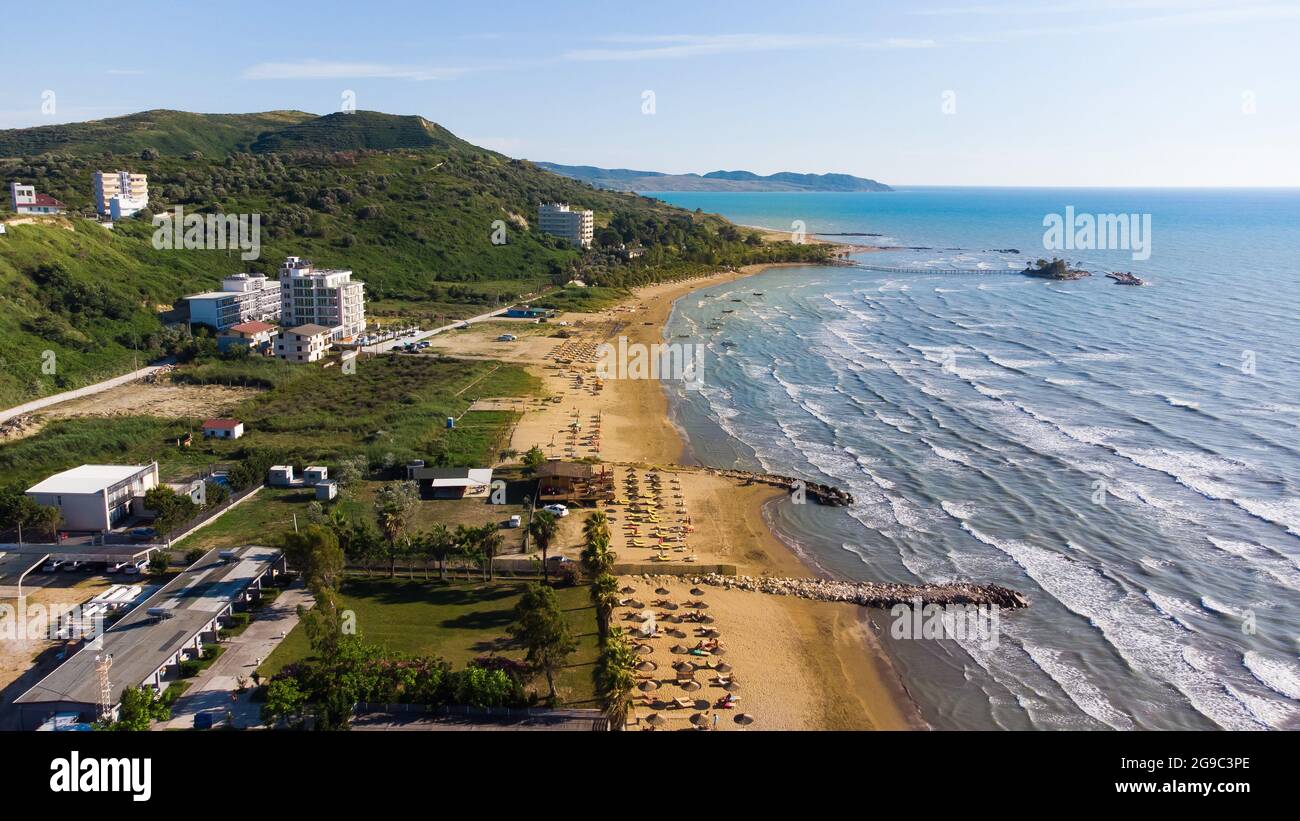 Sand beach aerial, top view of a beautiful sandy beach aerial shot with ...