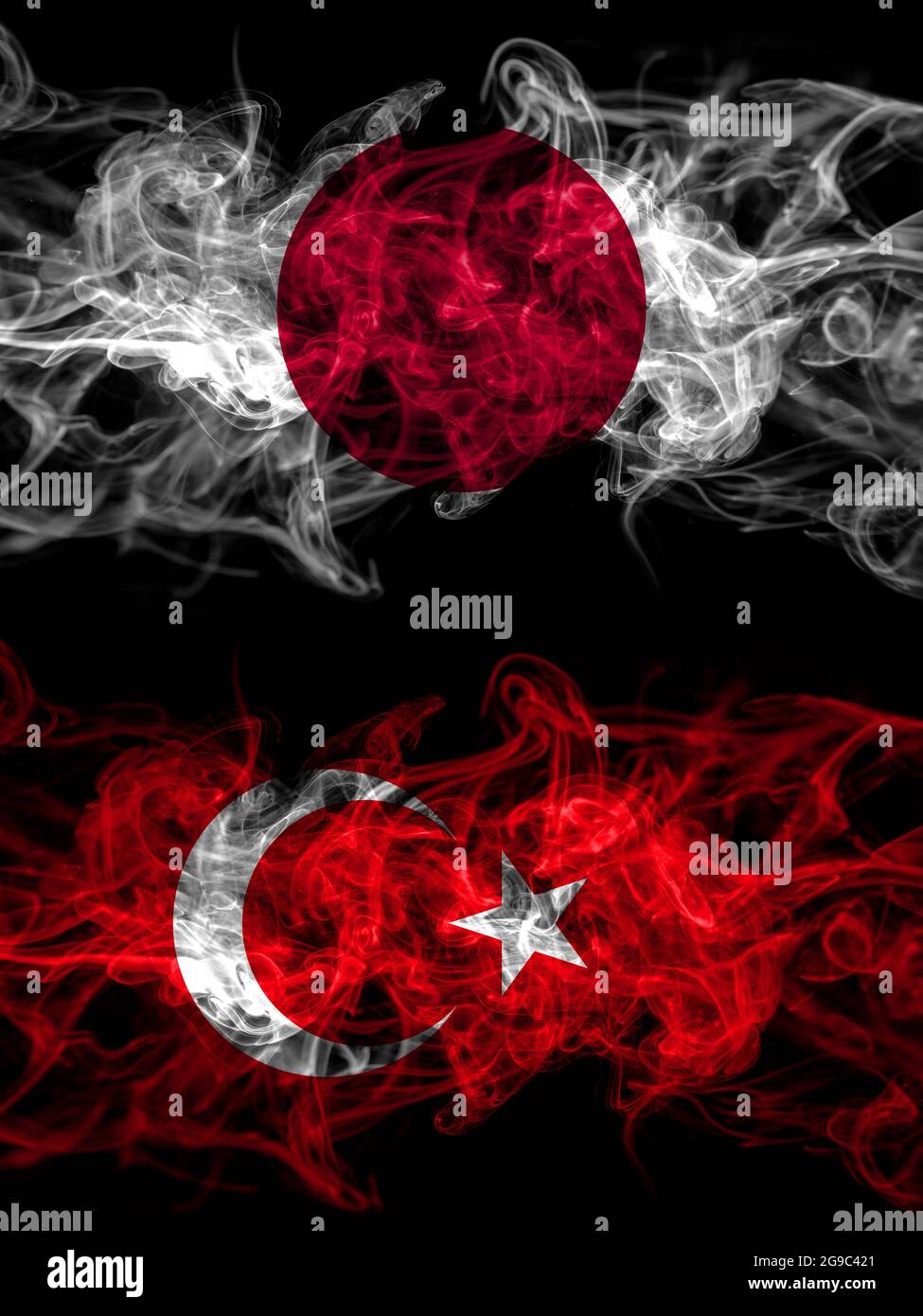 Smoke flags of Japan, Japanese and Turkey, Turkish, Turk Stock Photo ...