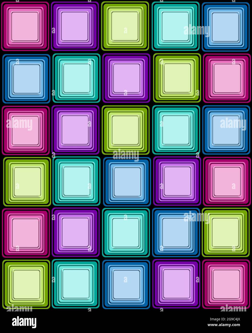 Bright and colorful squares have three layers of color. Black fills ...
