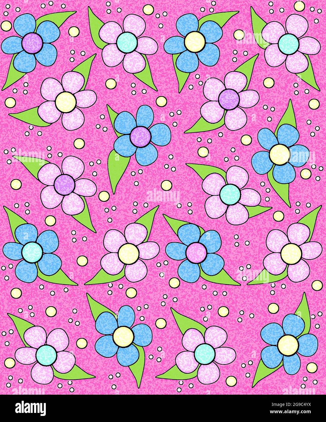 70's style flowers fill pink background. Flowers are highlighted with ...