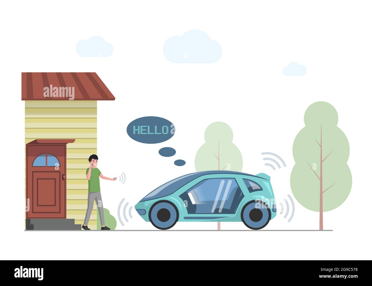 Future personal transport vector flat illustration. Smiling man talking ...