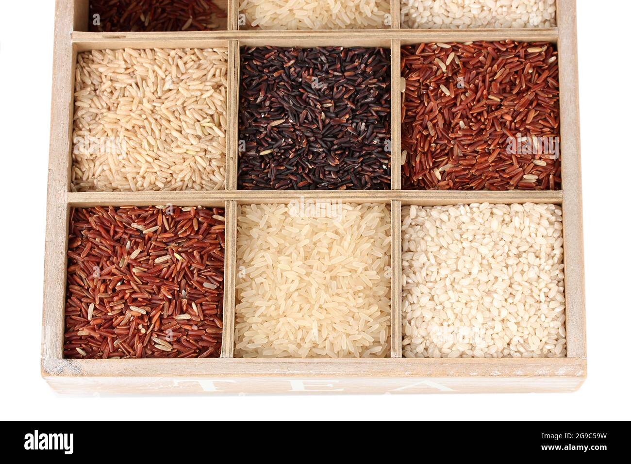 different types of rice in wooden box Stock Photo - Alamy