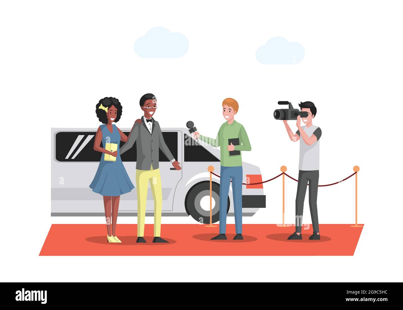 Famous couple in evening wears arriving at the red carpet on white ...