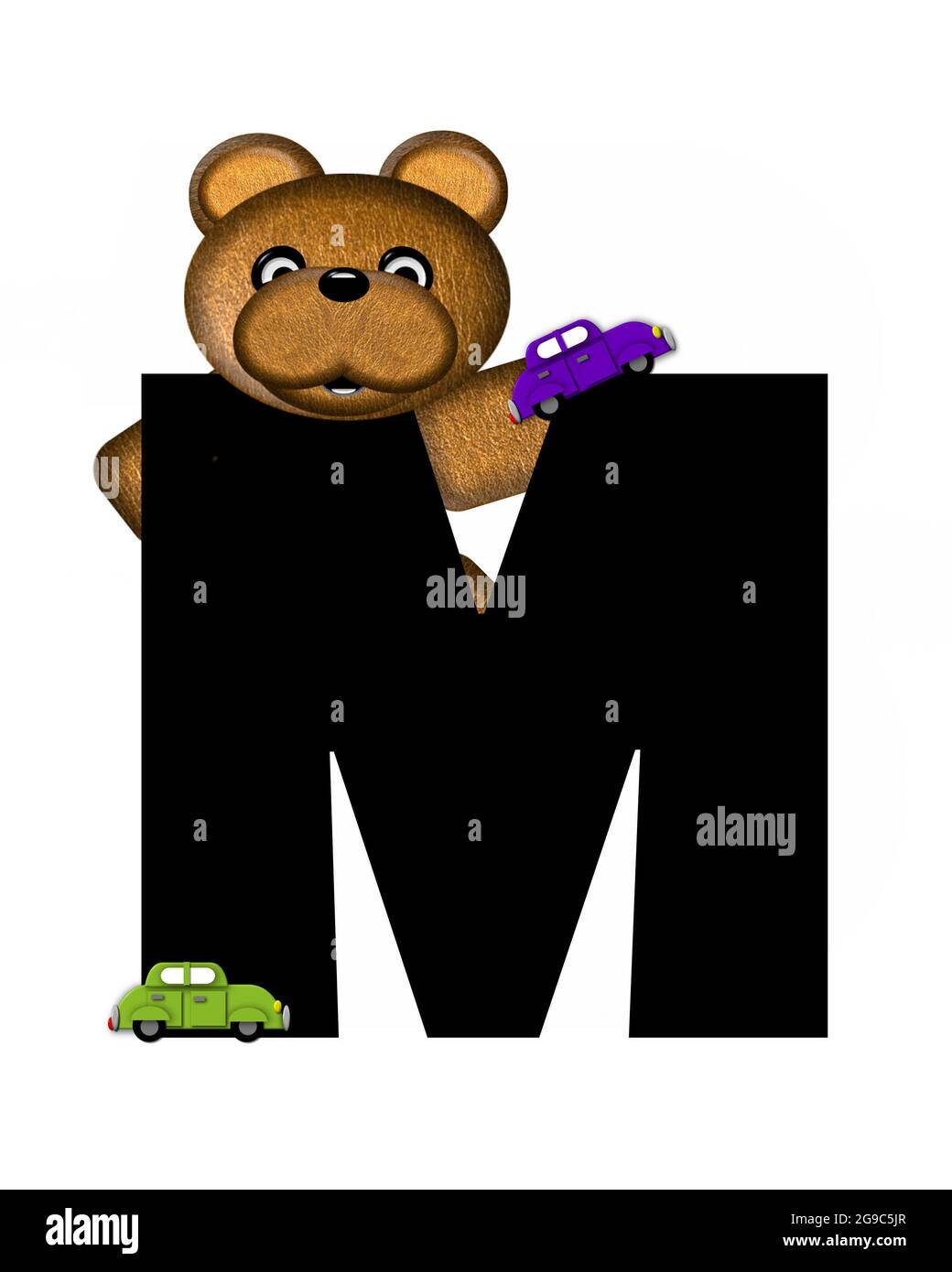 The letter M, in the alphabet set "Teddy Driving Cars," is black. Teddy ...
