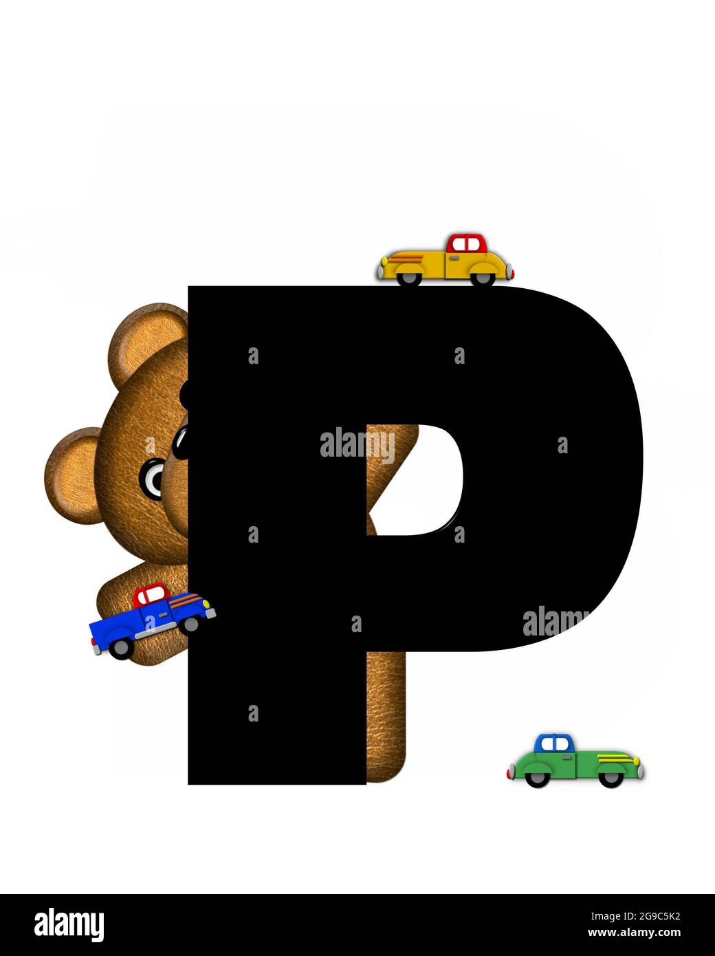 The letter P, in the alphabet set "Teddy Driving Cars," is black. Teddy ...