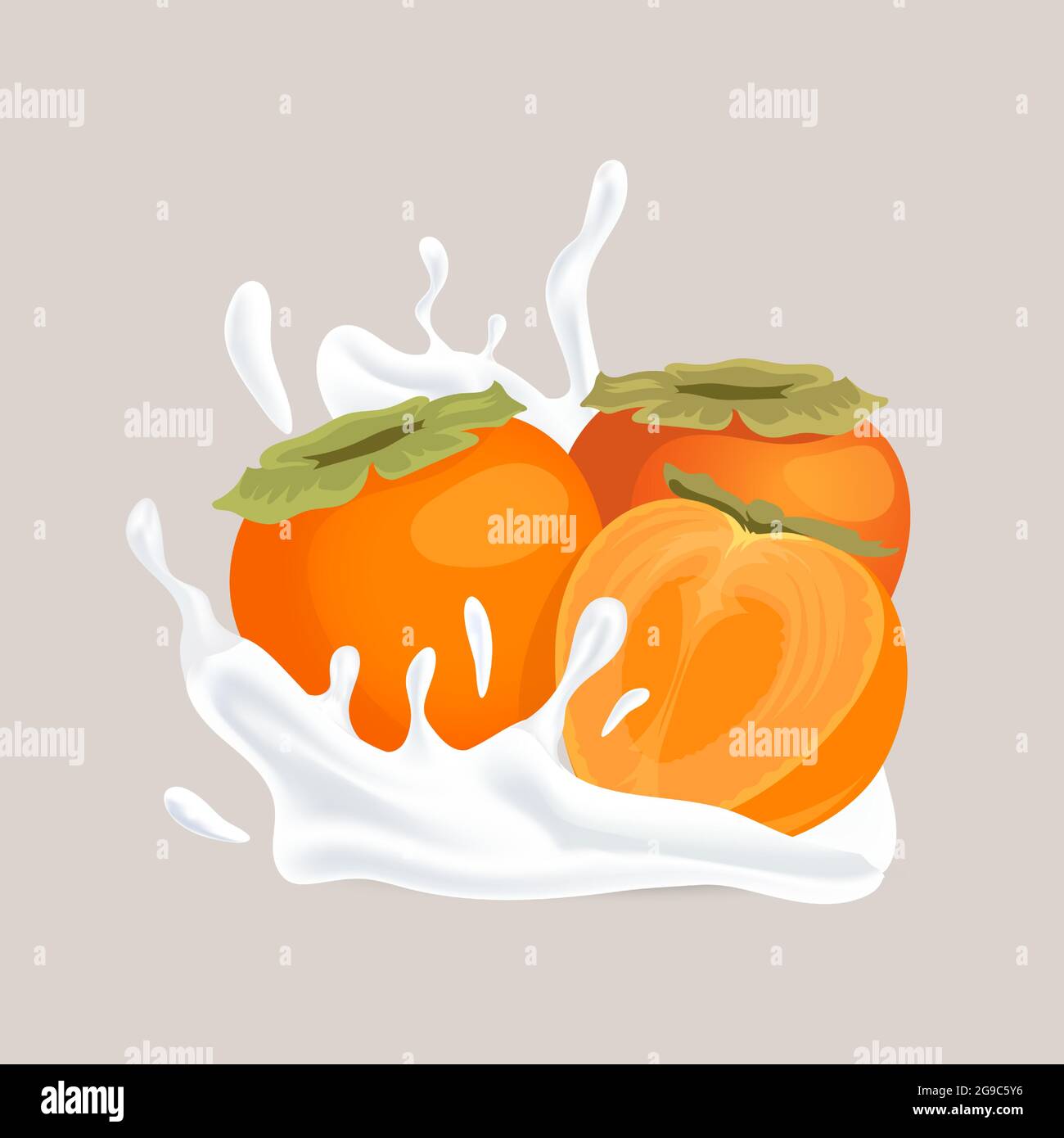 Fresh juicy whole and half sliced persimmon and splash of white liquid ...