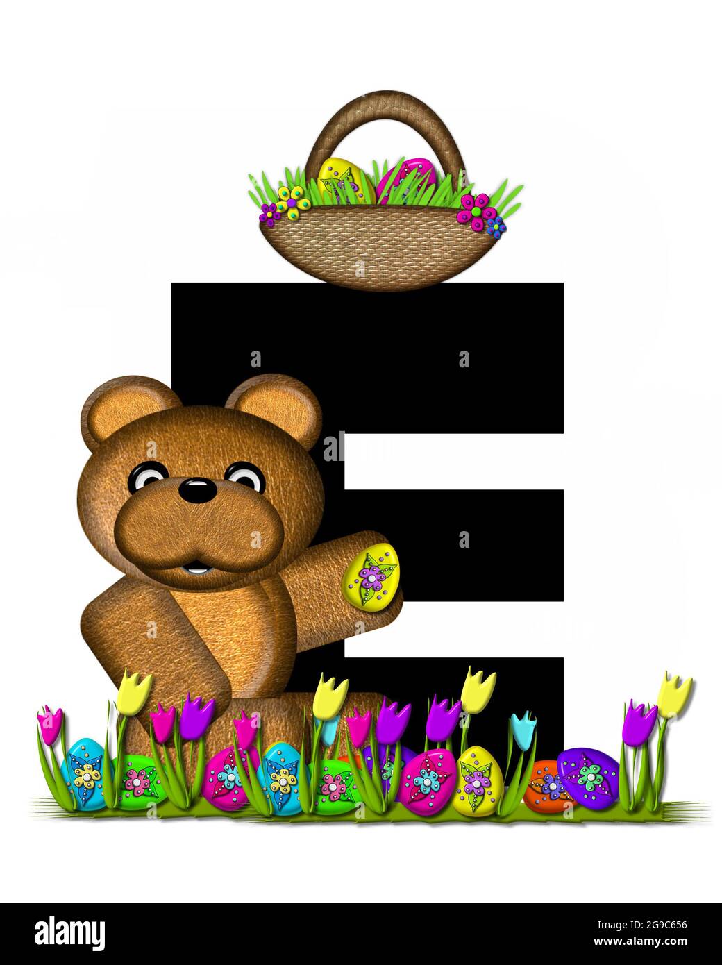 The letter E, in the alphabet set "Teddy Easter Egg Hunt," is black ...