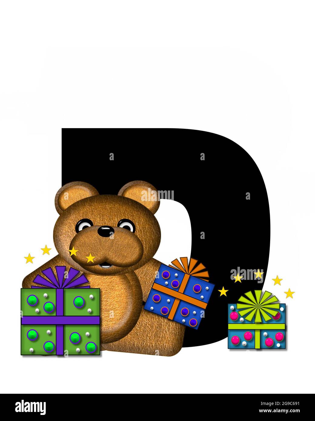 The letter D, in the alphabet set "Teddy Gifts Galore," is black. Teddy ...