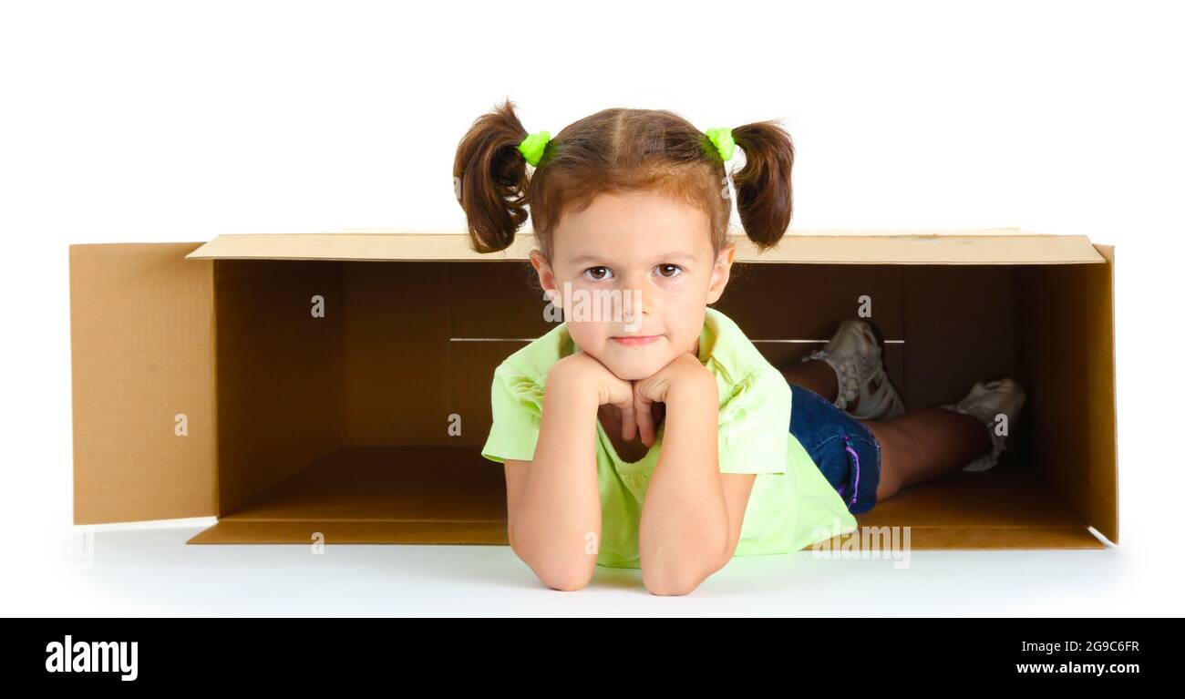 beautiful little girl with box isolated on white Stock Photo - Alamy