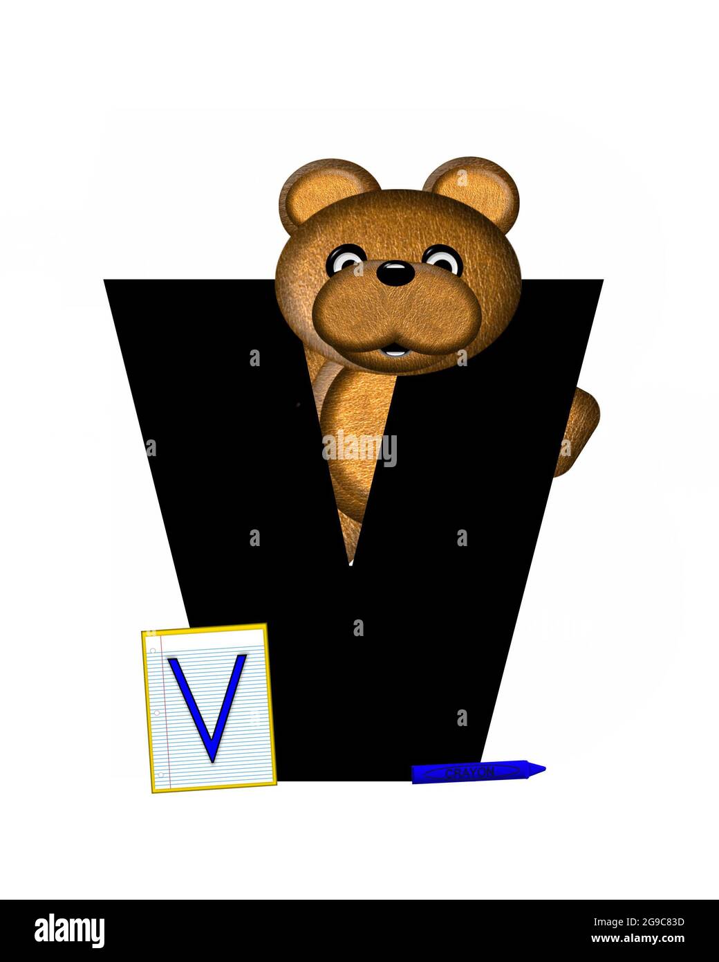The letter V, in the alphabet set "Teddy Homework," is black with white ...