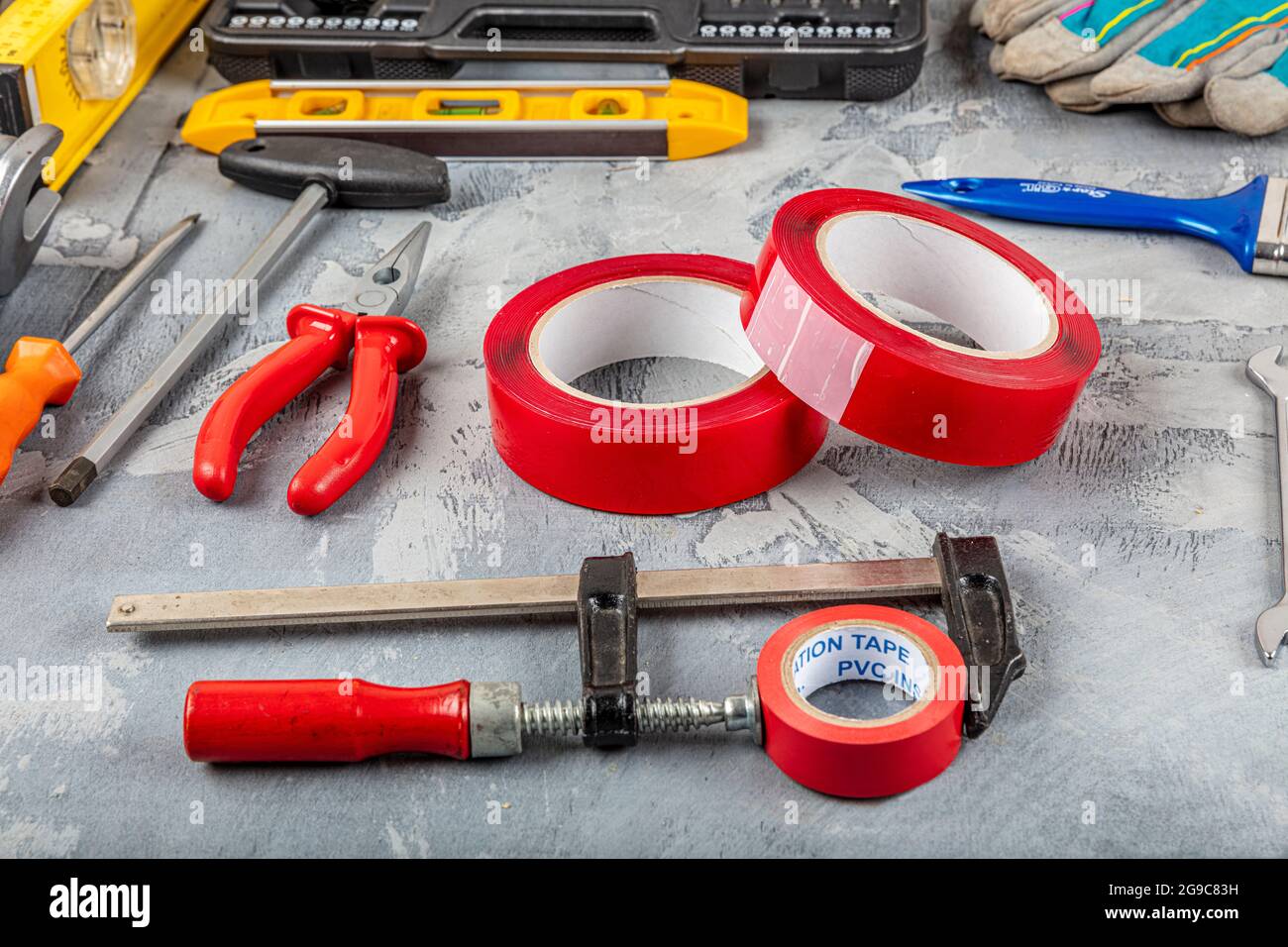 DIY and home improvement banner with work and construction tools on a ...