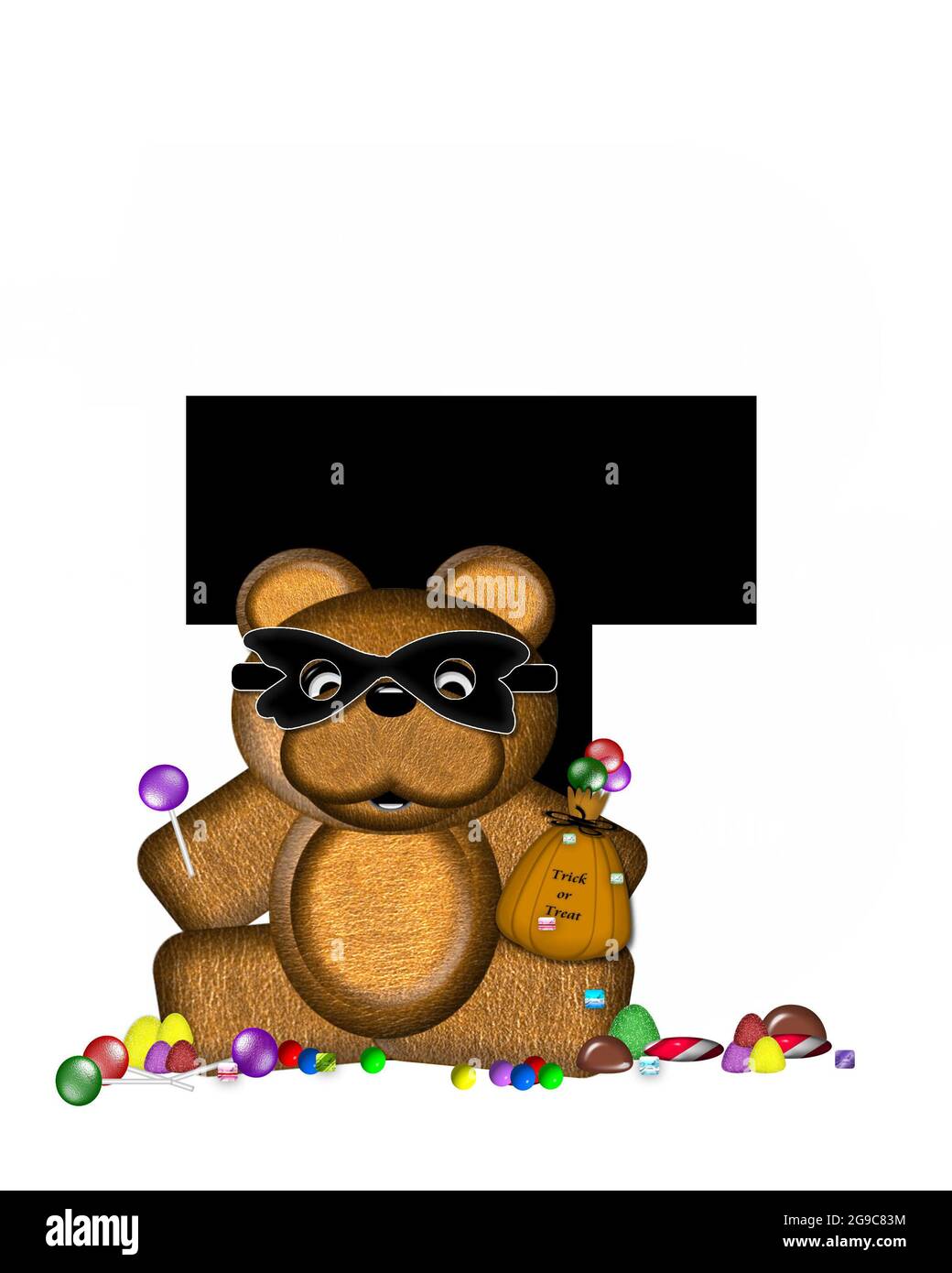 The letter T, in the alphabet set "Teddy Halloween Treats," is black ...