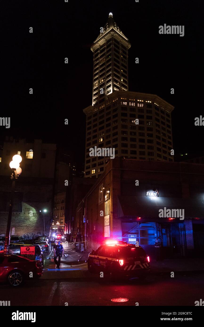 Seattle, USA. 25th Jul, 2021. Police at 2nd Ave and Yesler street in ...