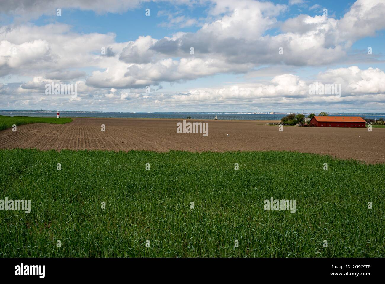 Farmland on the island Ven in Sweden with fresh soil and light house ...