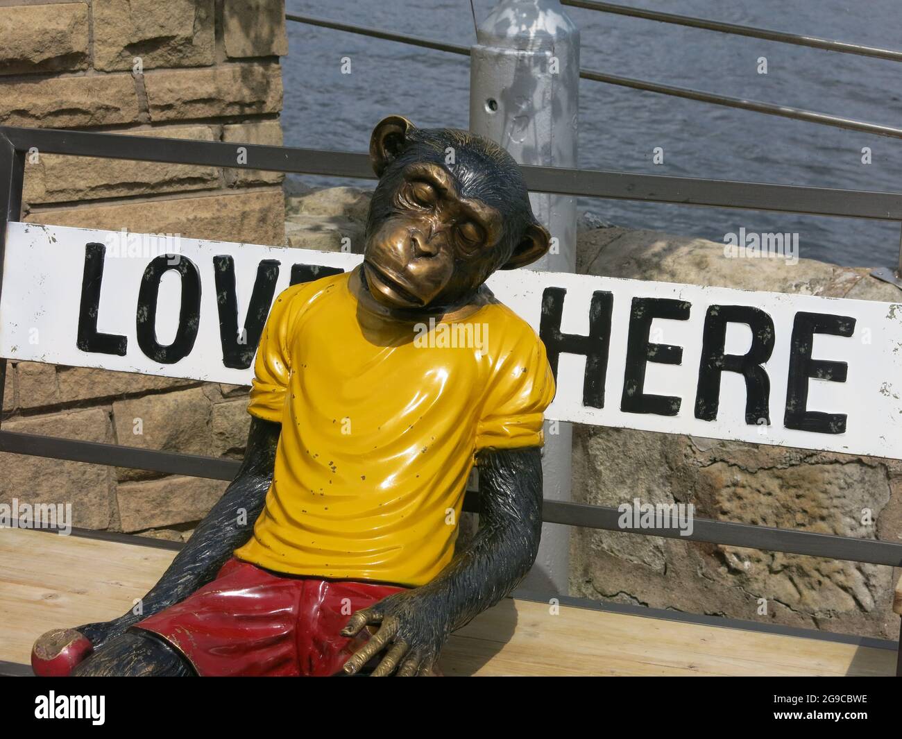 "LOVE HERE": statue of a sleeping chimp wearing a yellow T-shirt & red ...