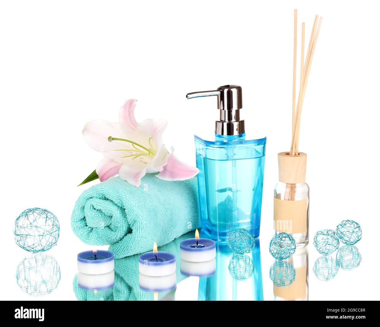 Beautiful spa setting isolated on white with reflection Stock Photo - Alamy