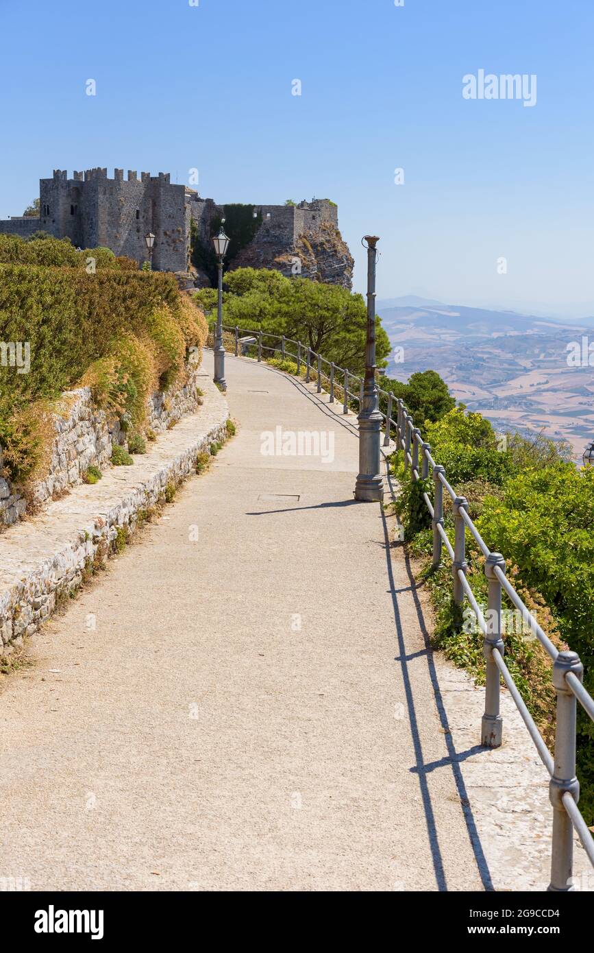 Vertical view of the road to the ancient Venus Castle ruins in Erice ...