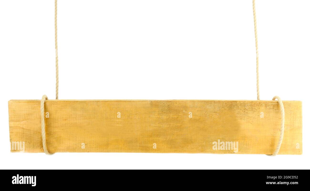 blank wooden sign hanging on rope, isolated on white Stock Photo - Alamy