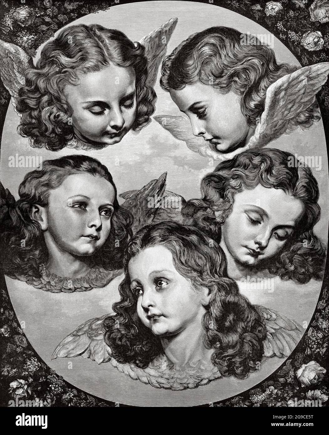 Angels with wings. Old 19th century engraved illustration from El Mundo ...