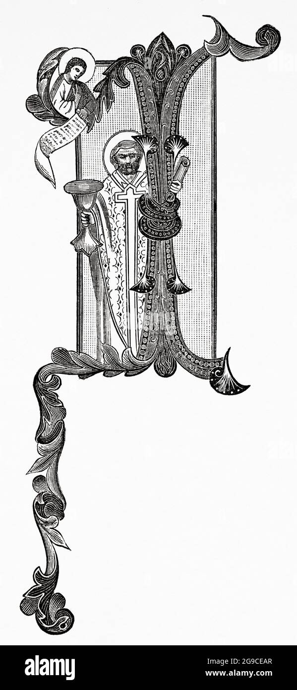 Initial capital letter I, 14th Century. Old 19th century engraved ...
