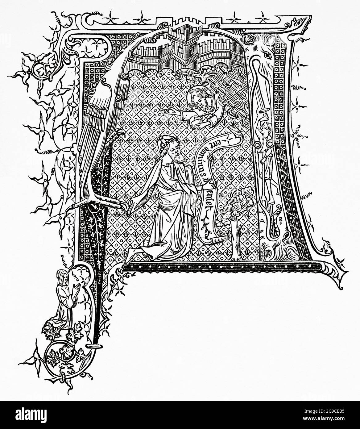 Initial capital letter A, 14th Century. Old 19th century engraved ...