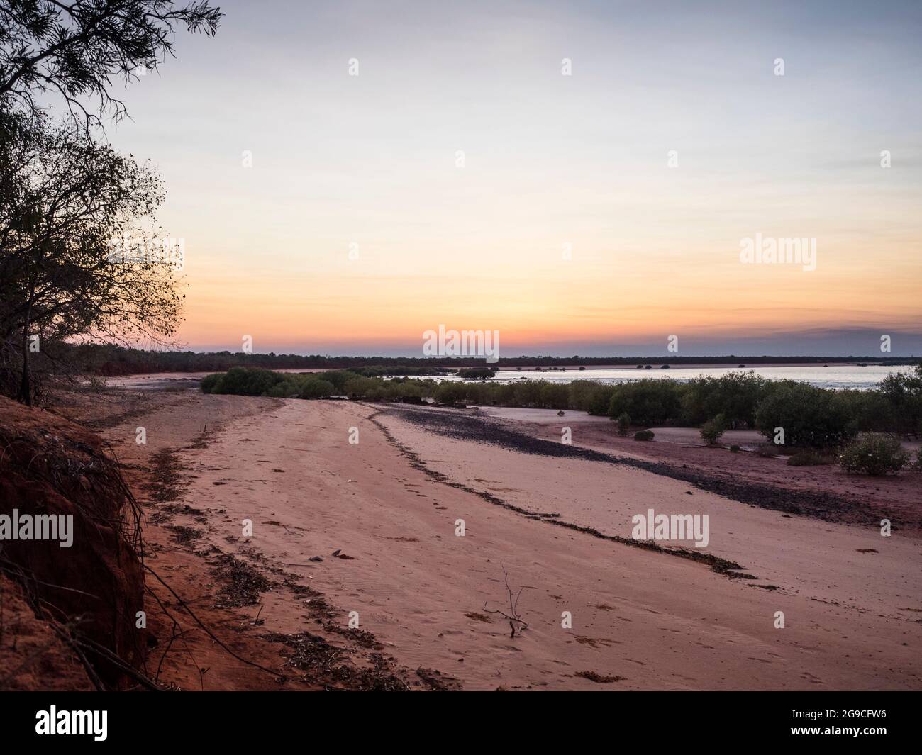 Dawn over sand and mangroves of Roebuck Bay near Broome, Kimberley ...