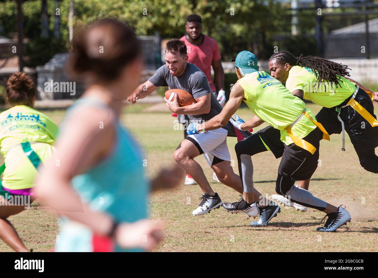 Atlanta, GA, USA - June 1, 2019: Players pull the flags of a male ...