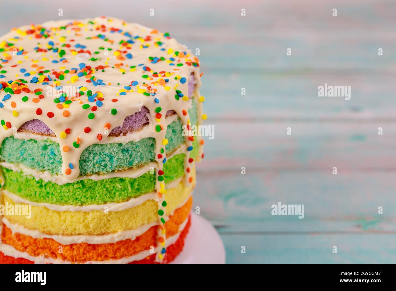 Close up rainbow birthday cake with color sprinkles Stock Photo - Alamy