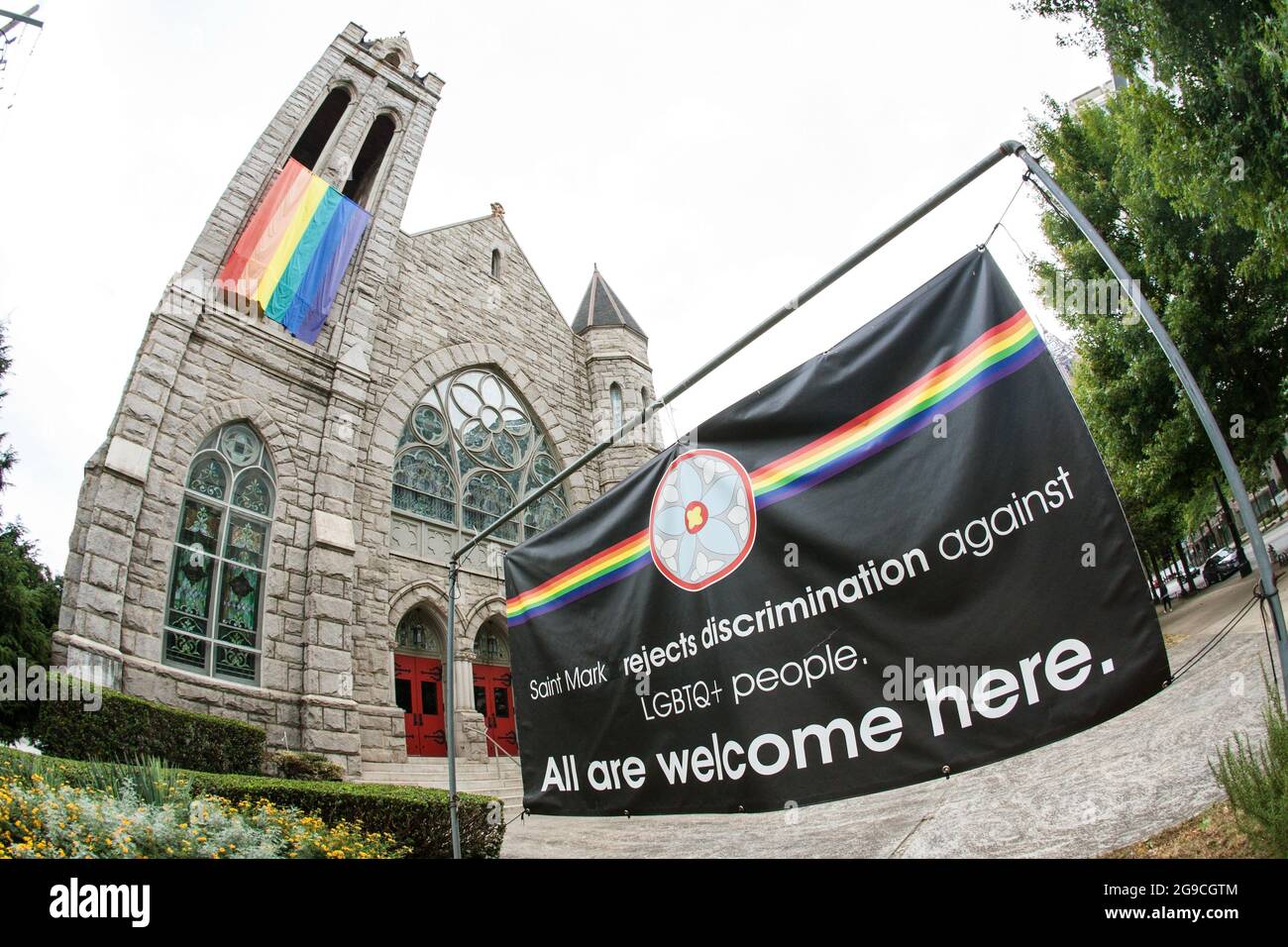 Atlanta, GA, USA - October 12, 2019: A gay pride flag hangs from a ...