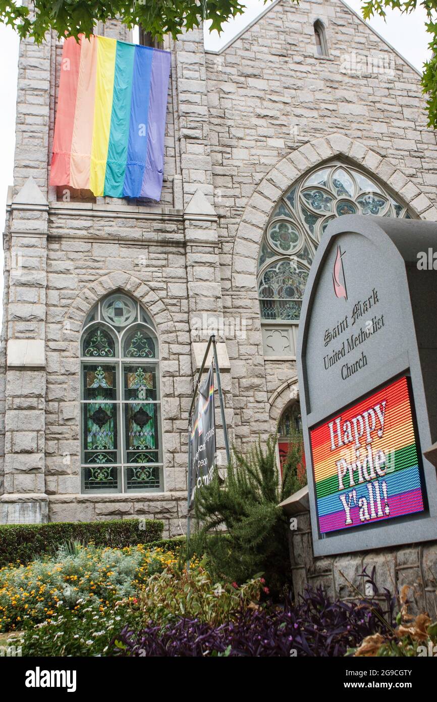 Atlanta, GA, USA - October 12, 2019: A gay pride flag hangs from a ...