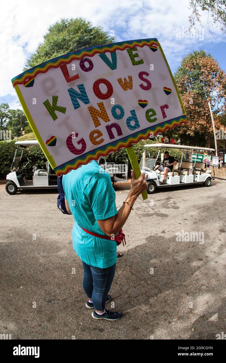 Atlanta, GA, USA - October 12, 2019: A woman holds a sign that says ...